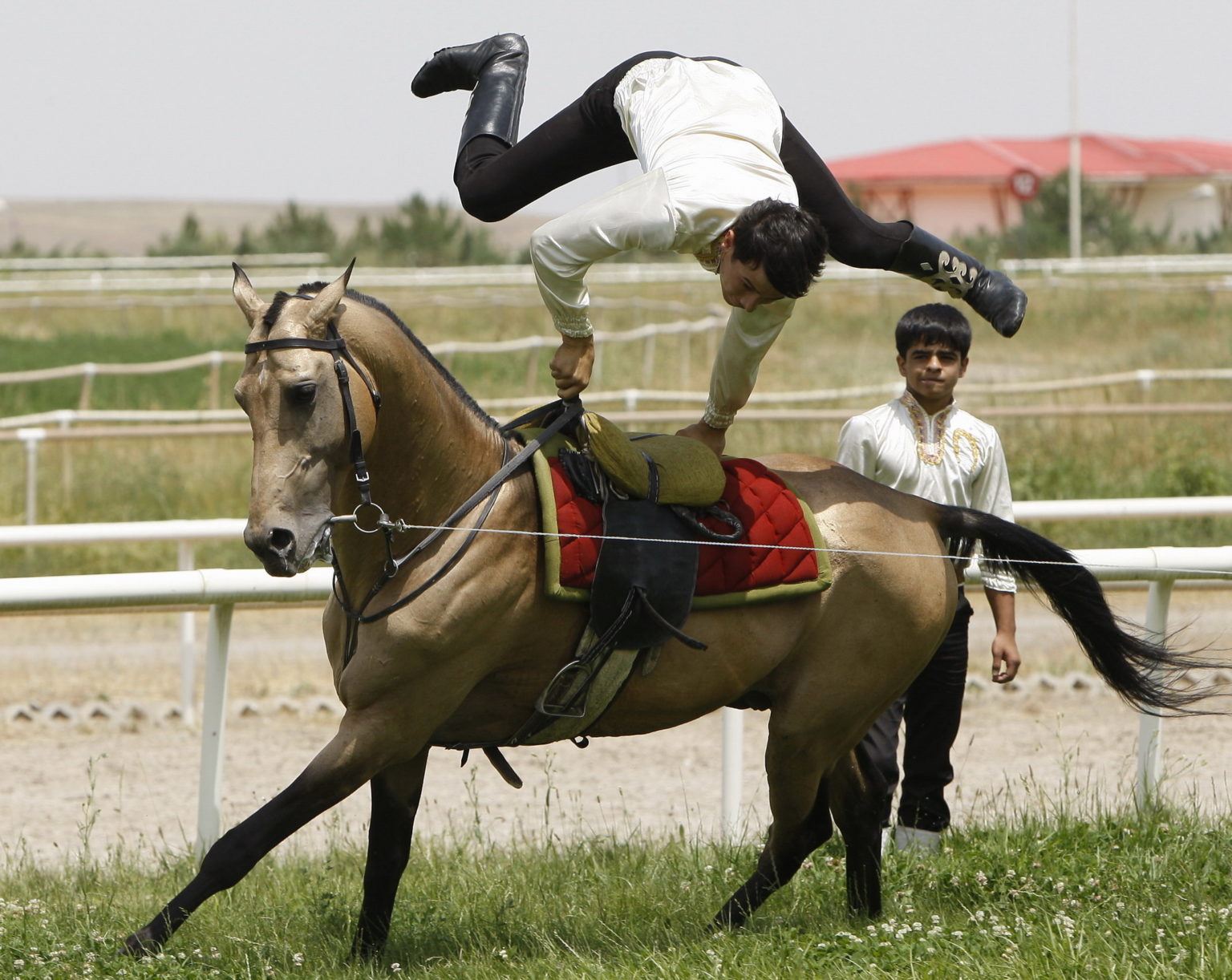 An Akhal-Teke horse performs with a trainer at the national racecourse ...