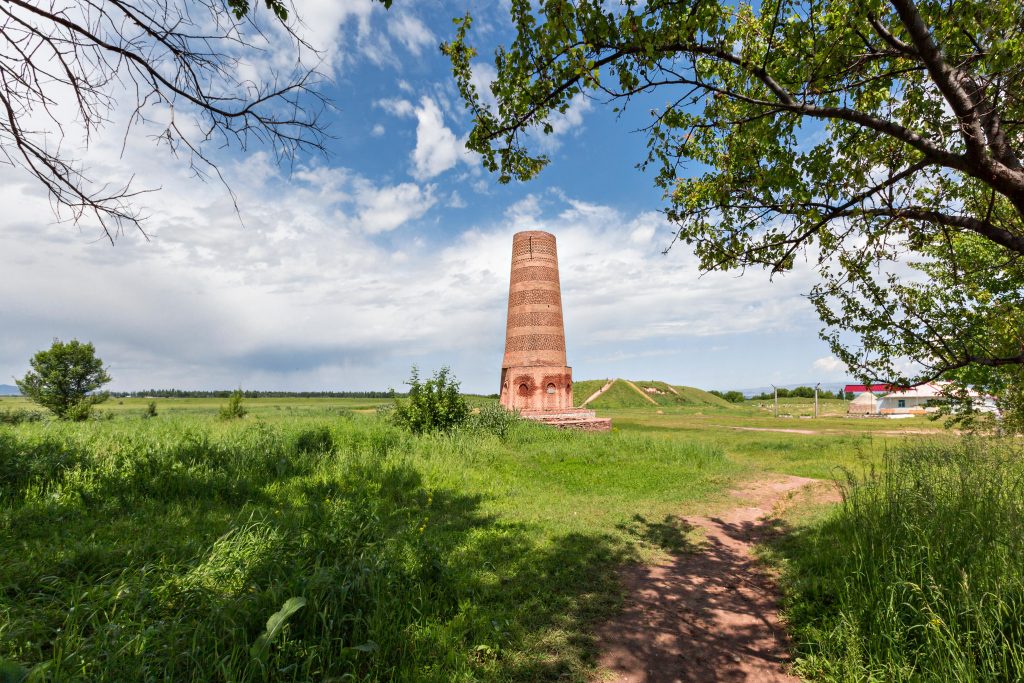 Burana tower in the ruins of the ancient site of Balasagun, Kyrgyzstan ...